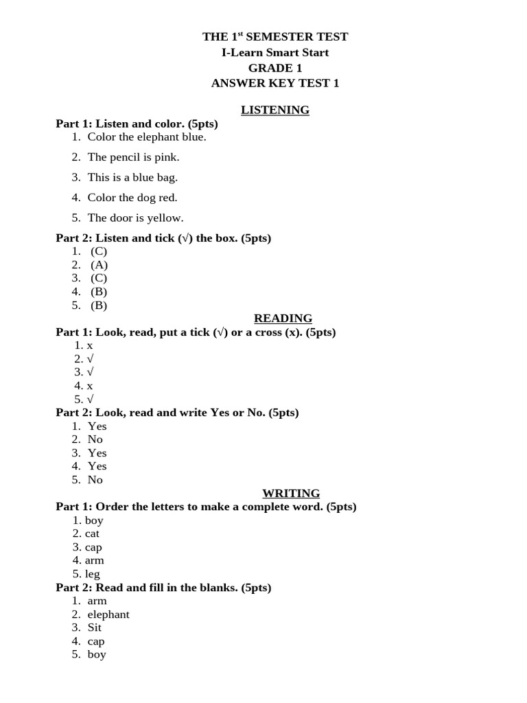 Grade 1 - Answers Key Test 1 | PDF