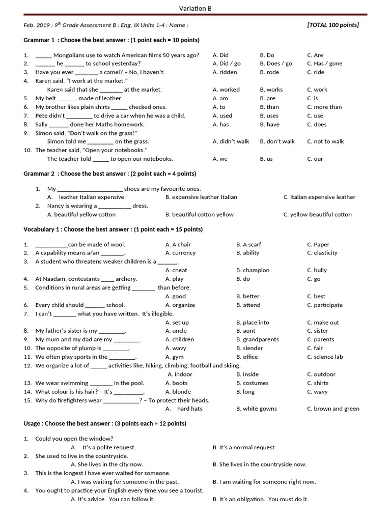 Feb 2019 9th Grade Test B | PDF | Clothing