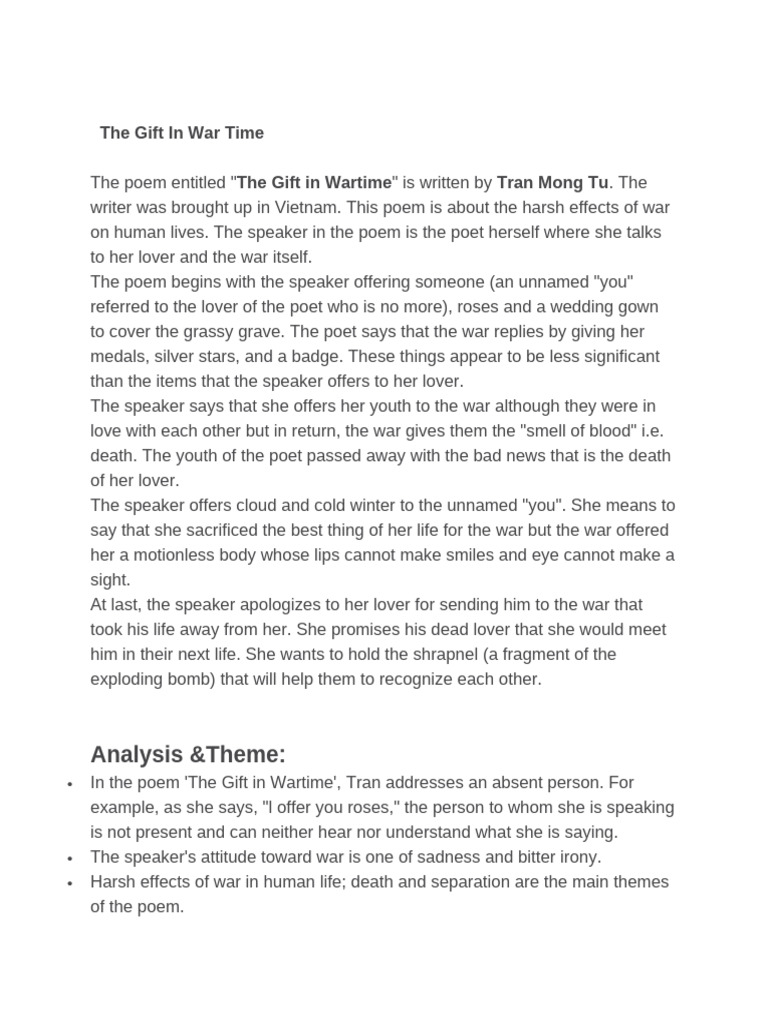 The Gift in War Time Poem Summary | PDF | Poetry