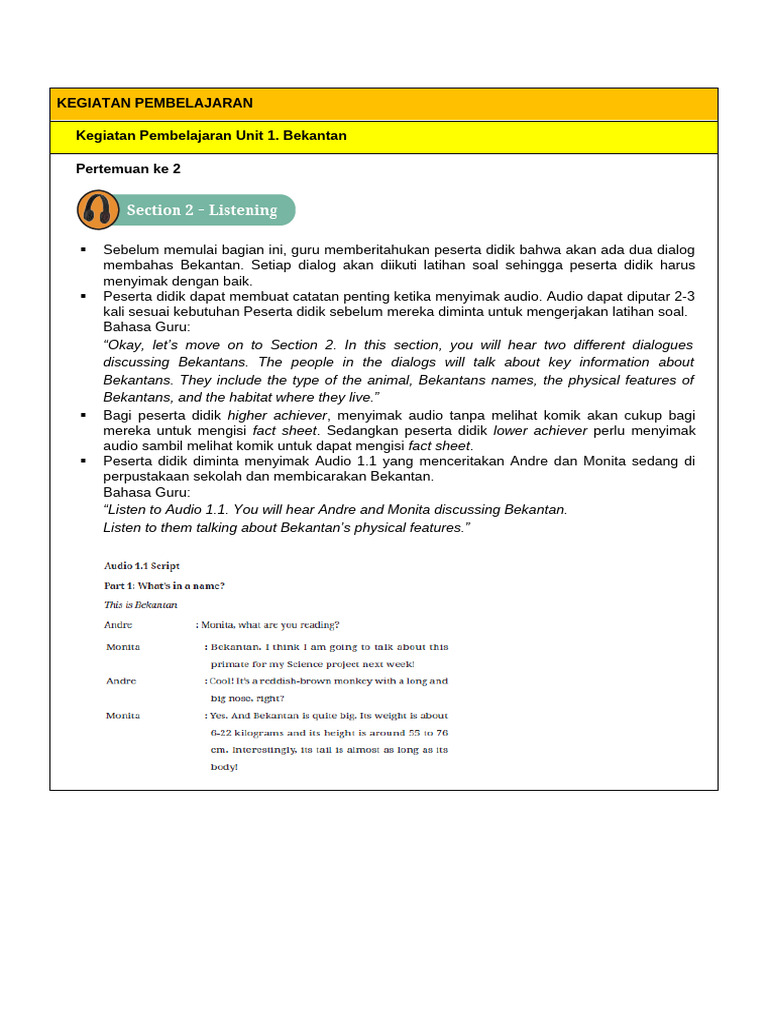 Bahasa Inggris Kelas 9 Pertemuan Ke 2 Chapter 1 Unit 1 Bekantan | PDF