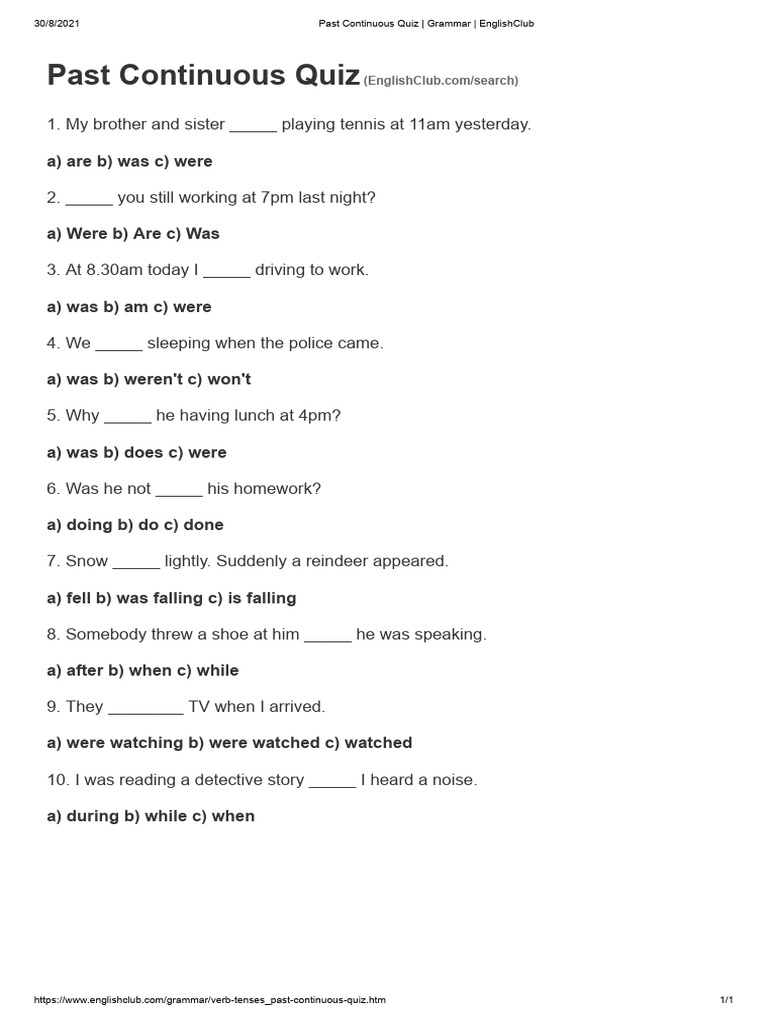 Past Continuous Quiz - Grammar - EnglishClub | PDF
