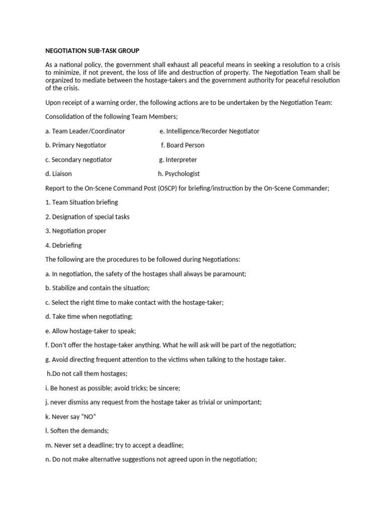 Negotiation Sub Task Group | PDF | Hostage | Swat