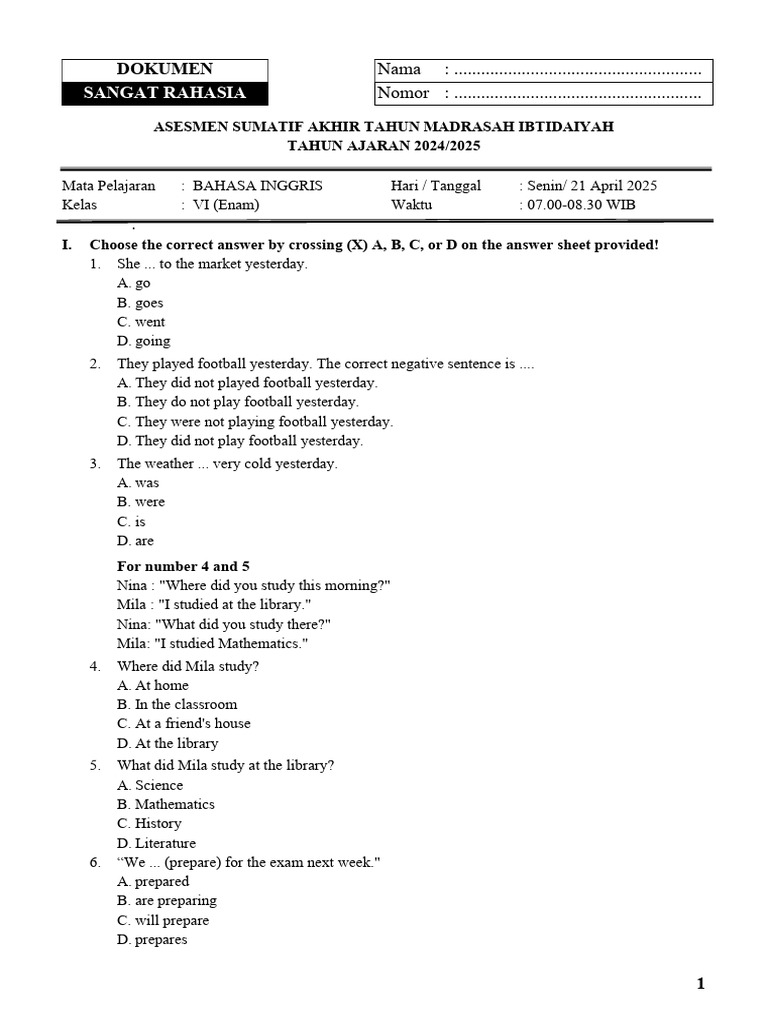 Soal Asat 6 Bahasa Inggris 2025 | PDF