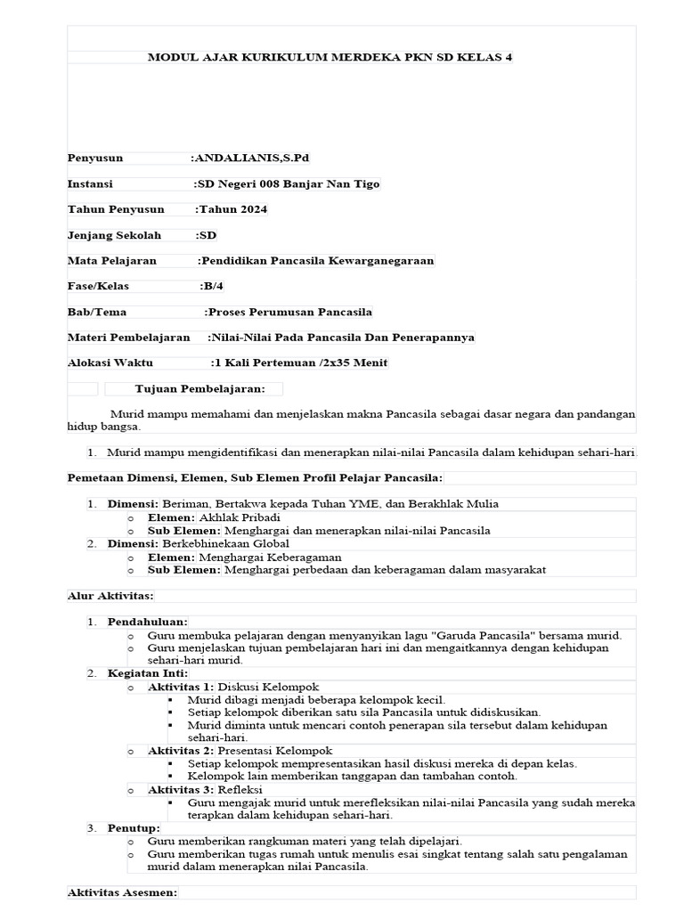 Modul Ajar PKN Kelas 4 Semester Ganjil 2024 ANDA | PDF