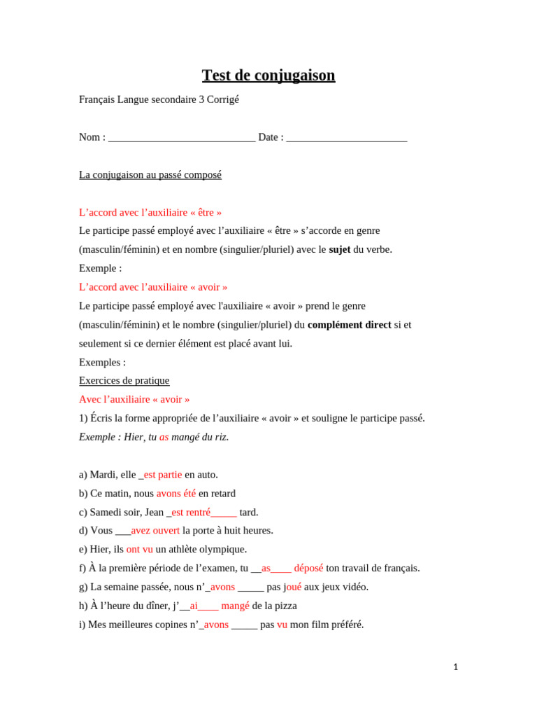 Test de conjugaison au passé composé | PDF | Nombre grammatical | Genre ...