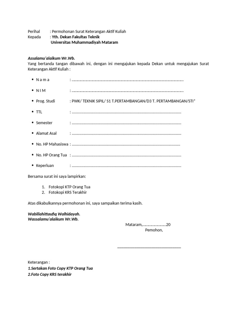 Blangko Surat Permohonan Keterangan Aktif Kuliah | PDF