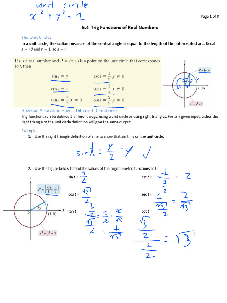 5.4 - Trig Functions of Real Numbers - 1113 Worked | PDF ...