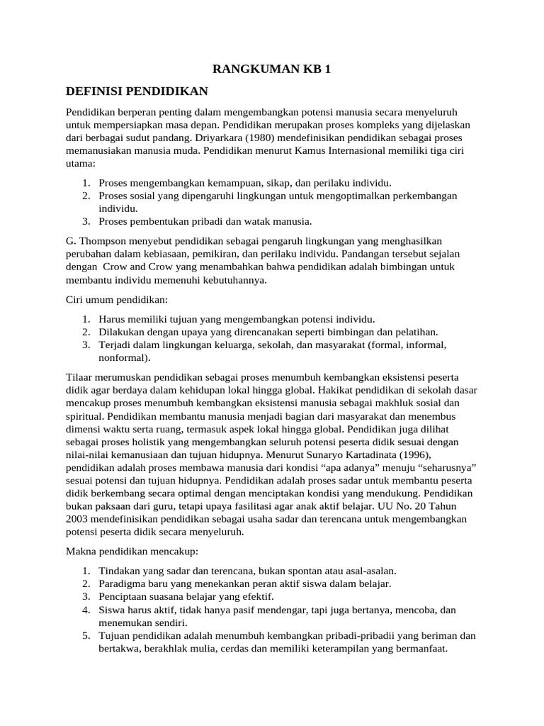 RANGKUMAN KB 1 PENDIDIKAN ANAK DI SD | PDF