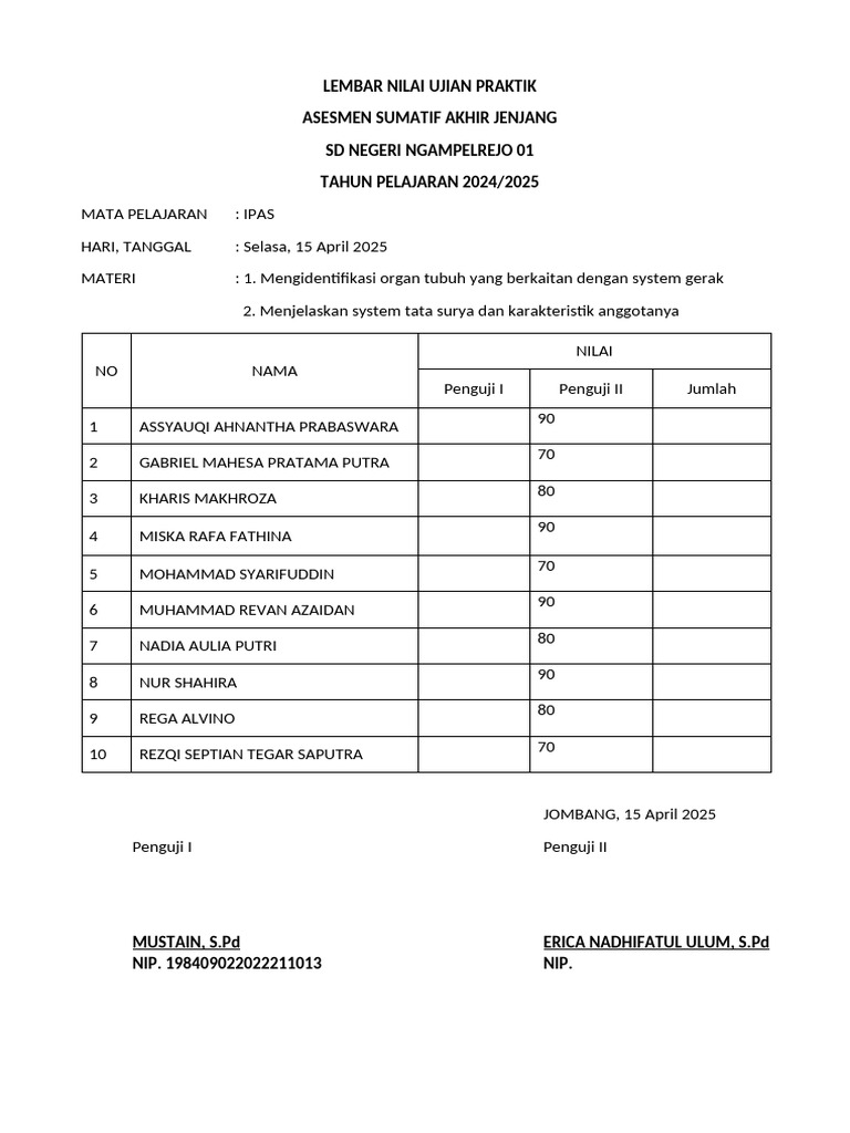 Lembar Nilai Ujian Praktik 2025 | PDF