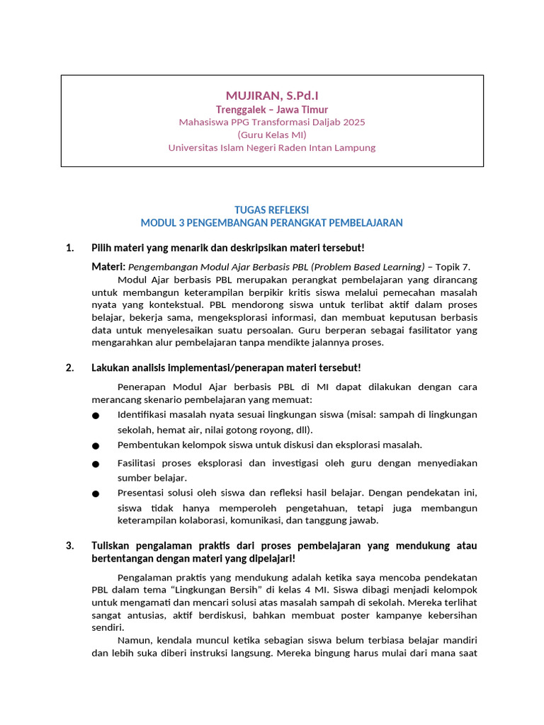 Contoh Tugas Refleksi - Modul 3 Pengembangan Perangkat Pembelajaran | PDF