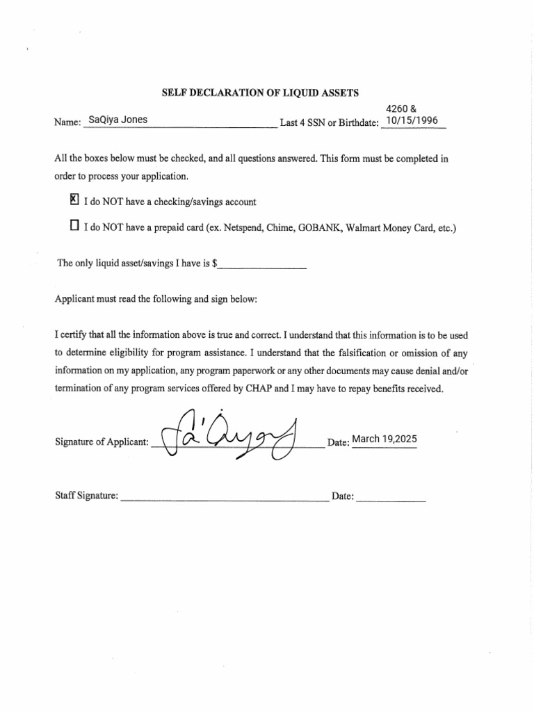 Self Declaration of Liquids Assests (NO BANK ACCOUNT) | PDF