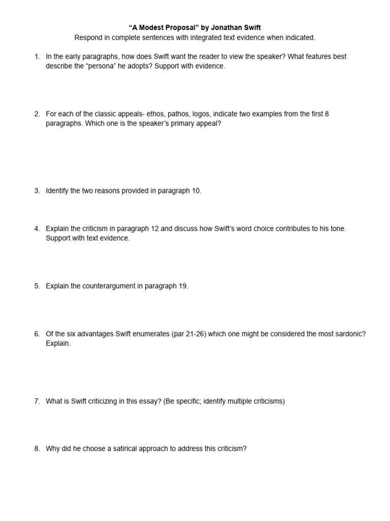 Swift Modest Proposal Questions | PDF