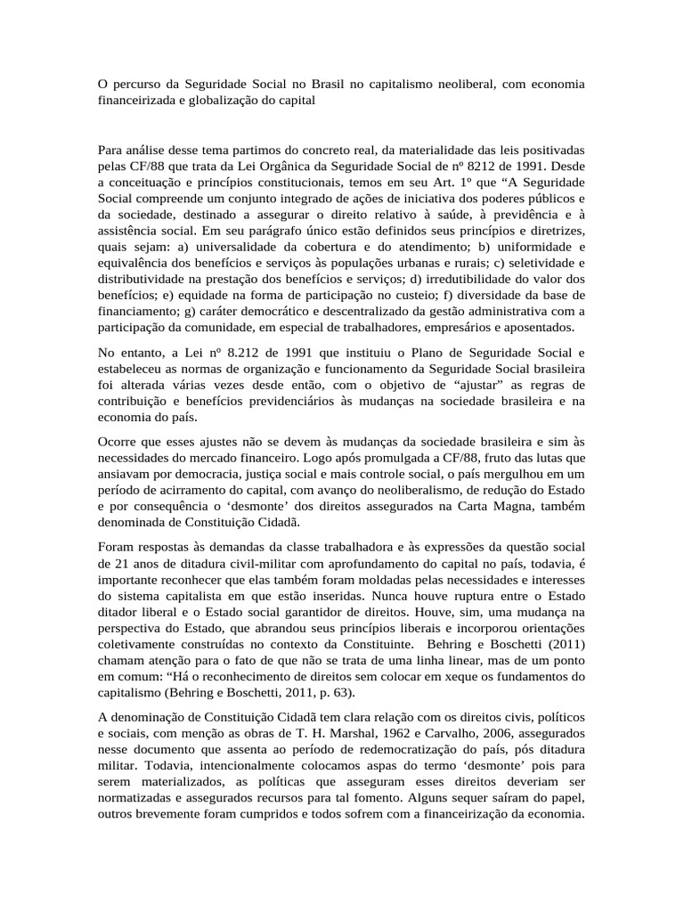 O percurso da Seguridade Social no Brasil no capitalismo neoliberal ...