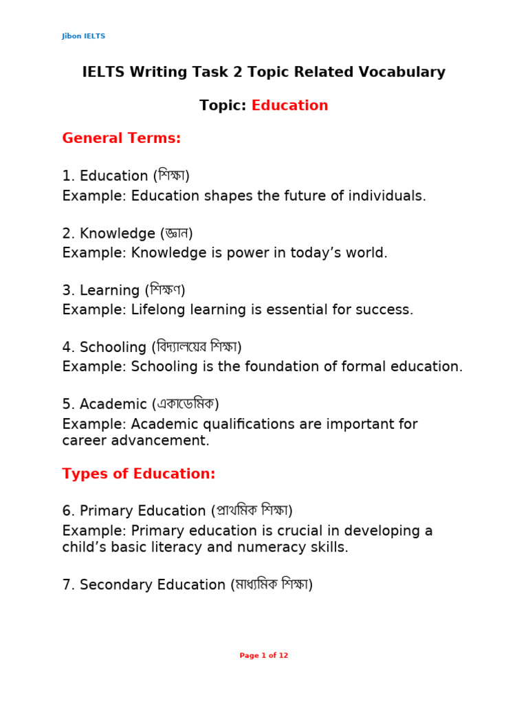 IELTS Writing Task 2 Topic Related Vocabulary Topic Education | PDF ...