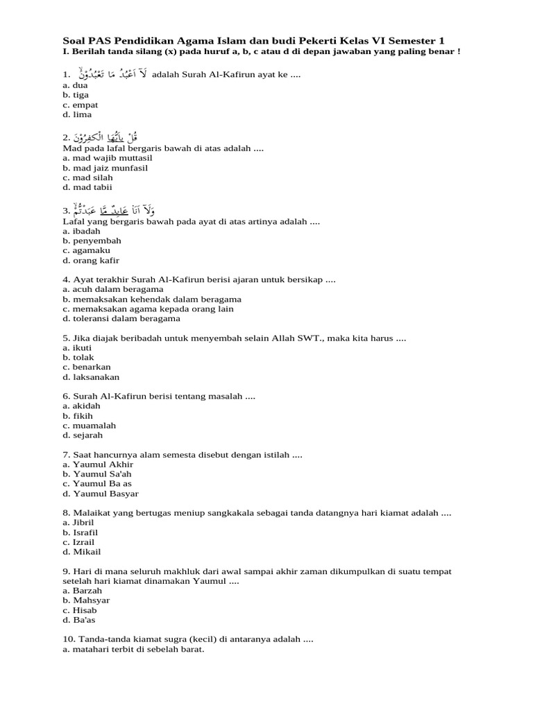 Soal PAS Pendidikan Agama Islam Dan Budi Pekerti Kelas VI Semester 1 | PDF