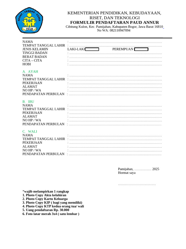 Formulir - Pendaftaran Paud | PDF