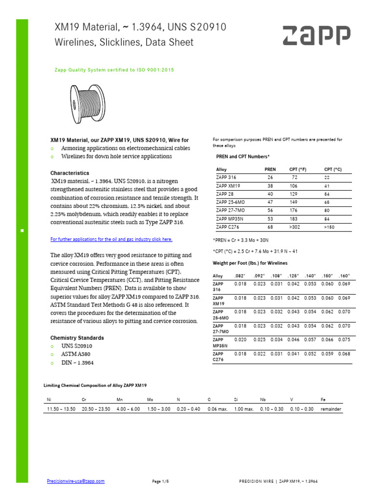 ZAPP XM19 Wire for Oil & Gas Applications | PDF | Stainless Steel ...