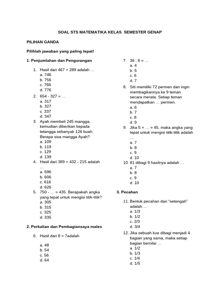 SOAL STS MATEMATIKA SEMESTER GENAP | PDF