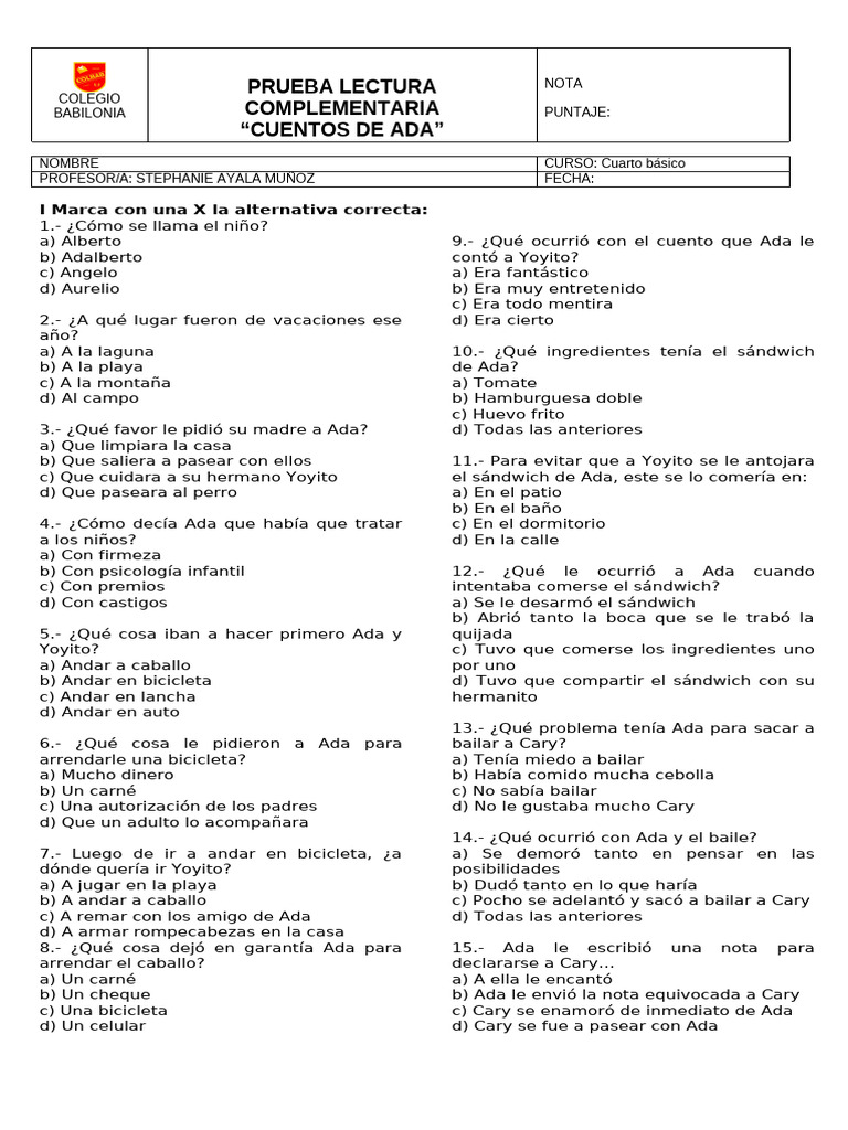 Cuentos de Ada Prueba Lectura Complementaria | PDF