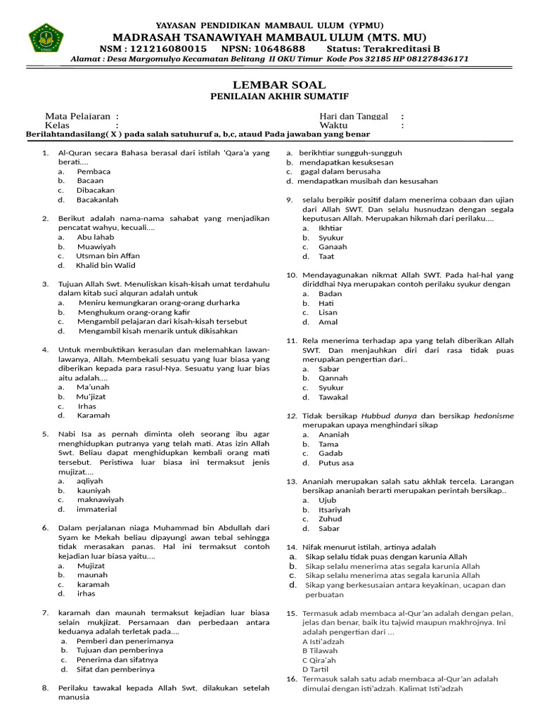 Kop Soal Penilaian Akhir Sumatif | PDF