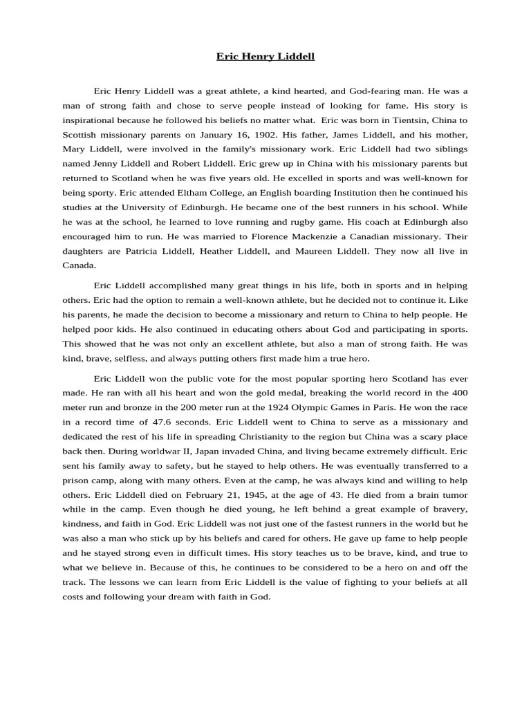 Eric Henry Liddell Paragraph | PDF