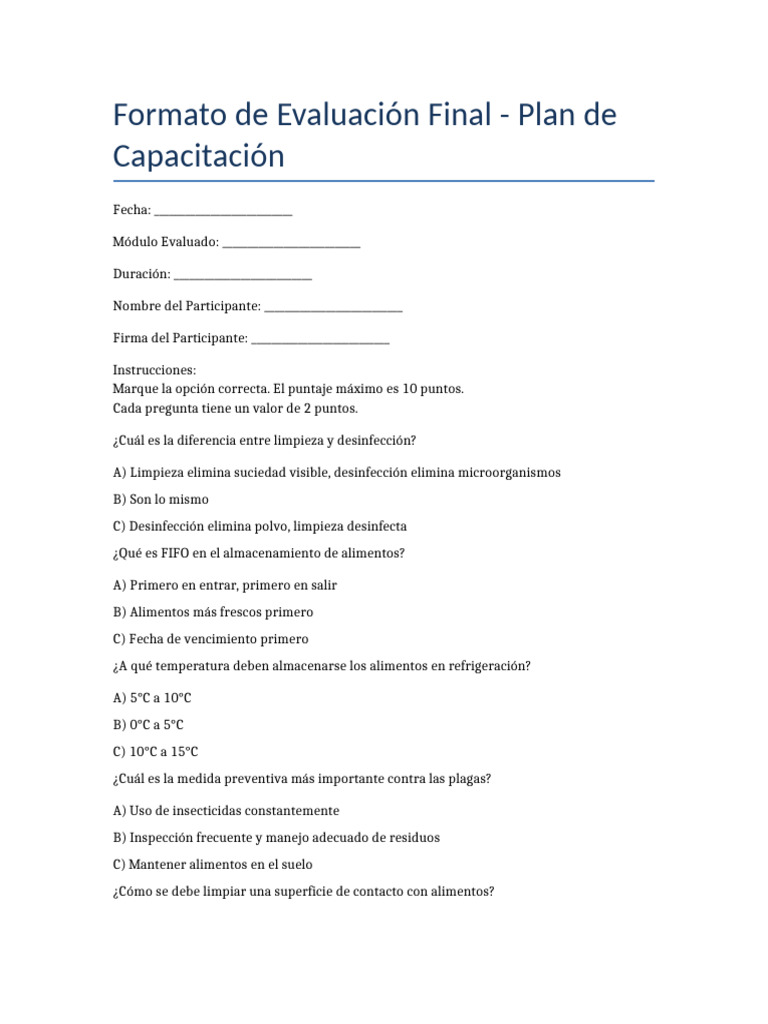 Formato Evaluacion Final Capacitacion | PDF