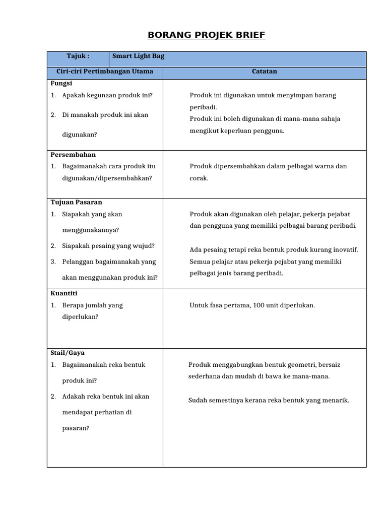 Borang Projek Brief Beg | PDF
