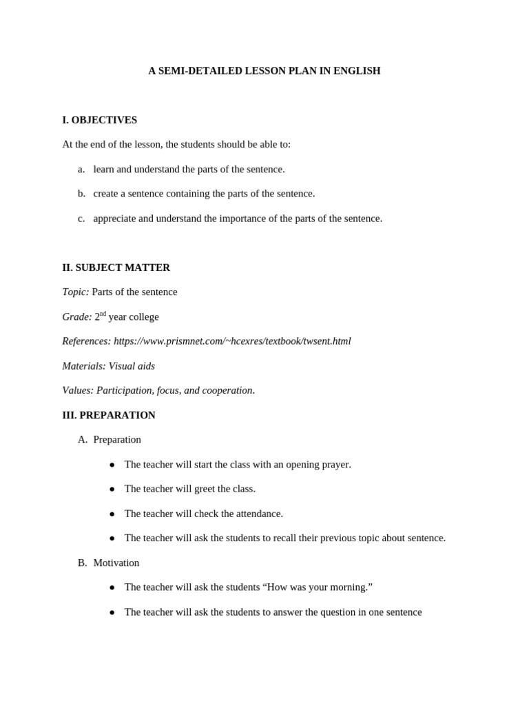 Lesson Plan: Understanding Sentence Parts | PDF | Subject (Grammar ...