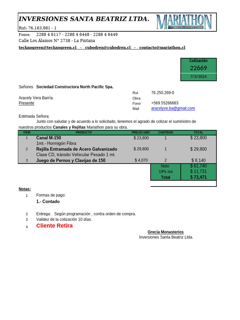 Cotización Canaletas #22669 - Sociedad Constructora North Pacific Spa | PDF