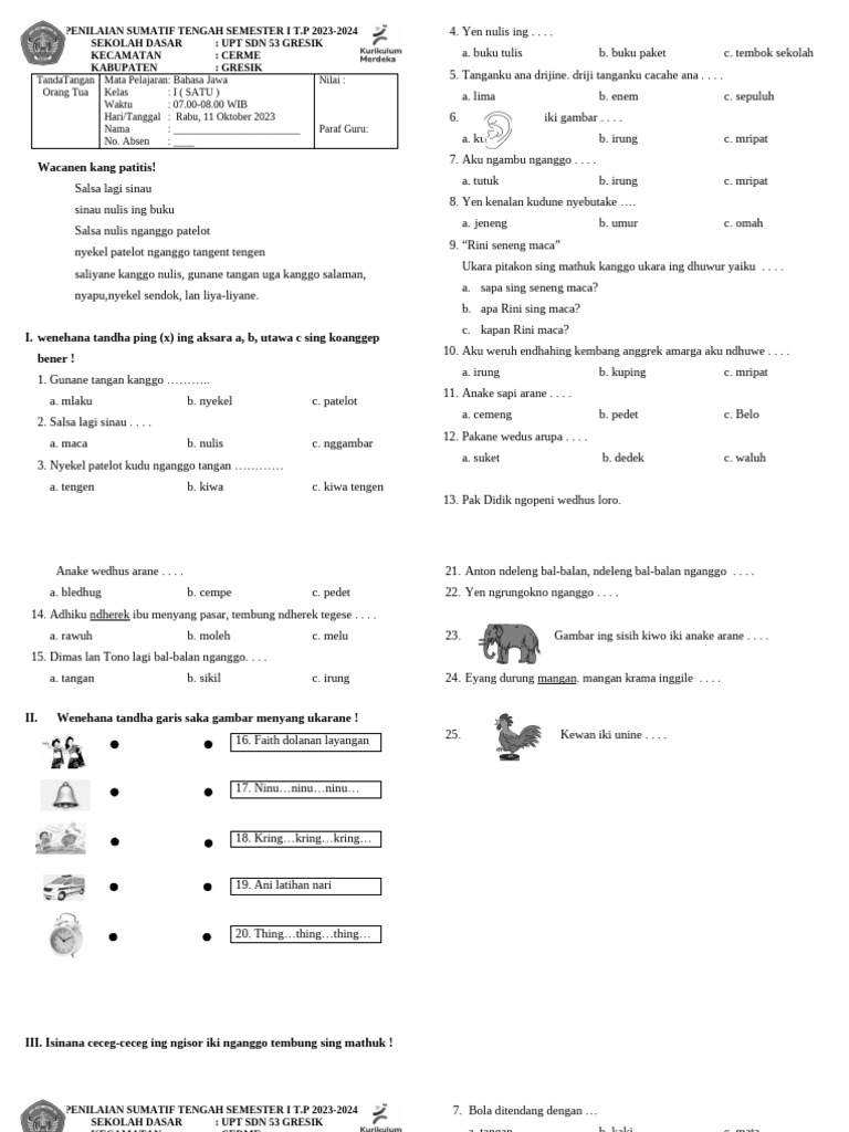 STS I Bhs. Indonesia Dan Bhs Jawa Kelas 1 | PDF