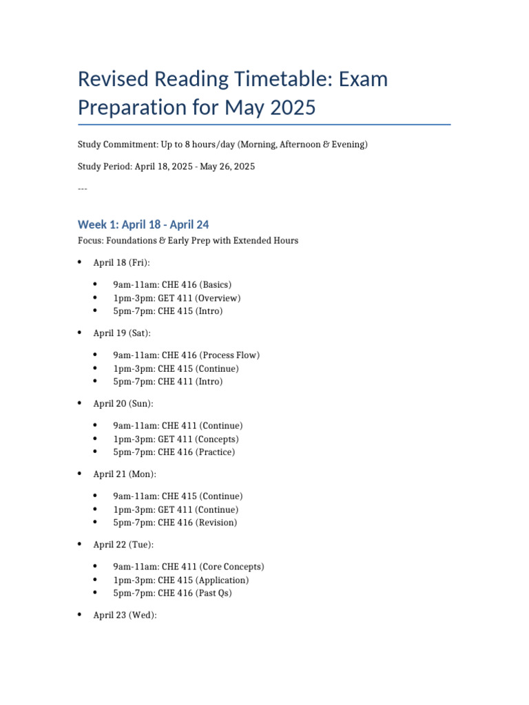 Revised Reading Timetable Exam Prep | PDF