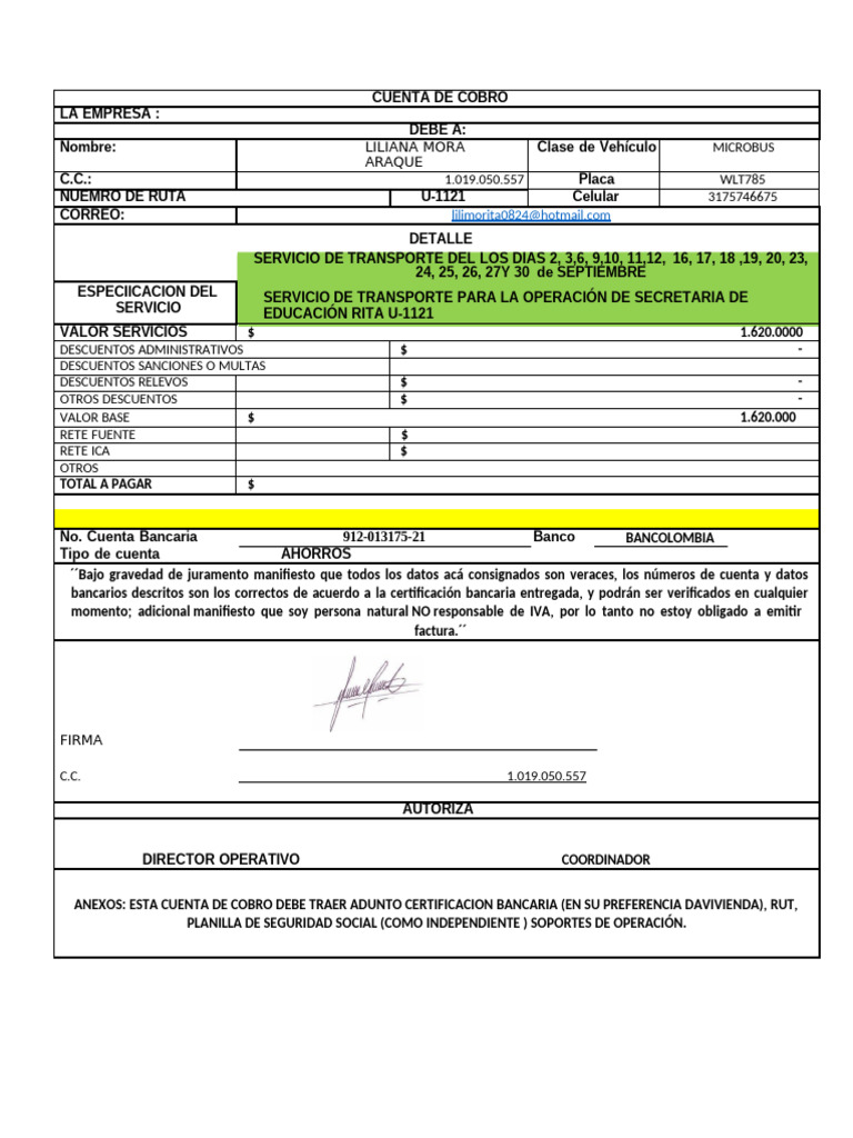 Cuenta de Cobro WLT785 Sep Sec | PDF