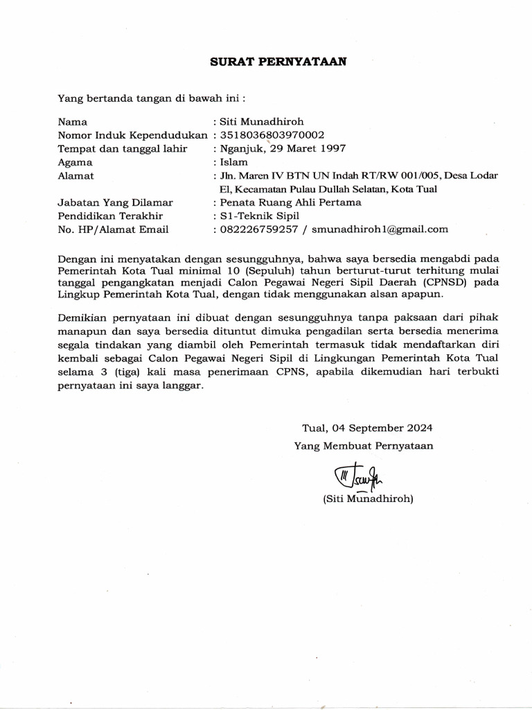 Surat Pernyataan Bersedia Mengabdi CPNS | PDF