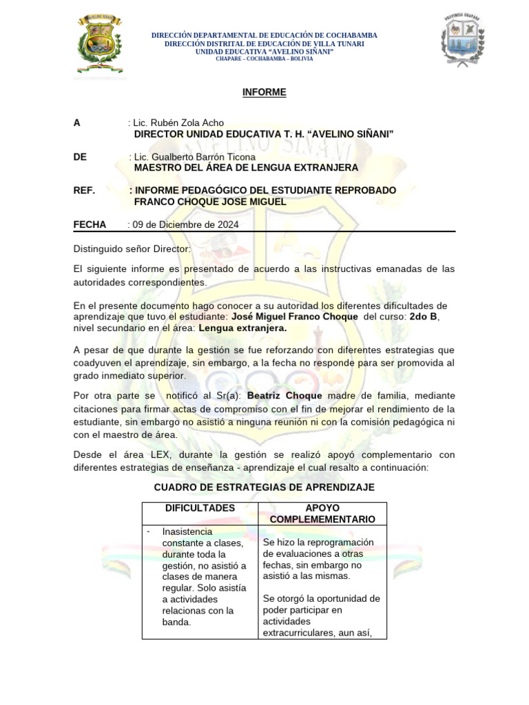 Informe sobre José Miguel Franco Choque | PDF | Cognición | Aprendizaje