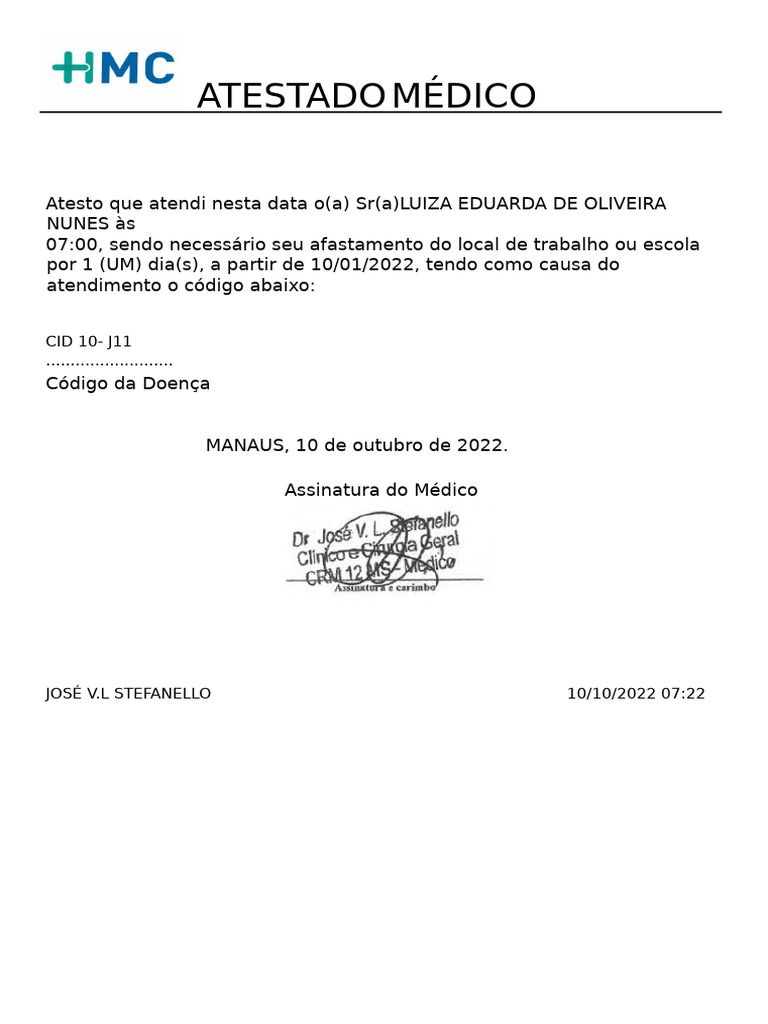Atestado Médico Para Uso Em Qual Quer Lugar Do Brasil Editavel Em | PDF