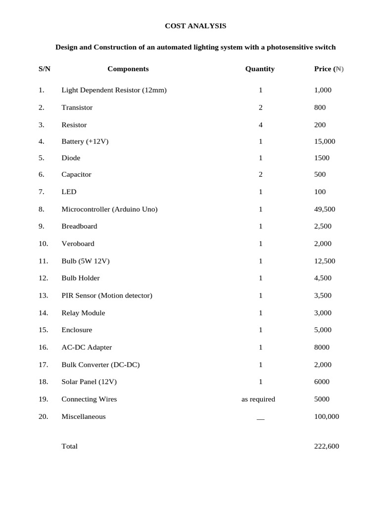 Cost Analysis-Automated Lighting System | PDF