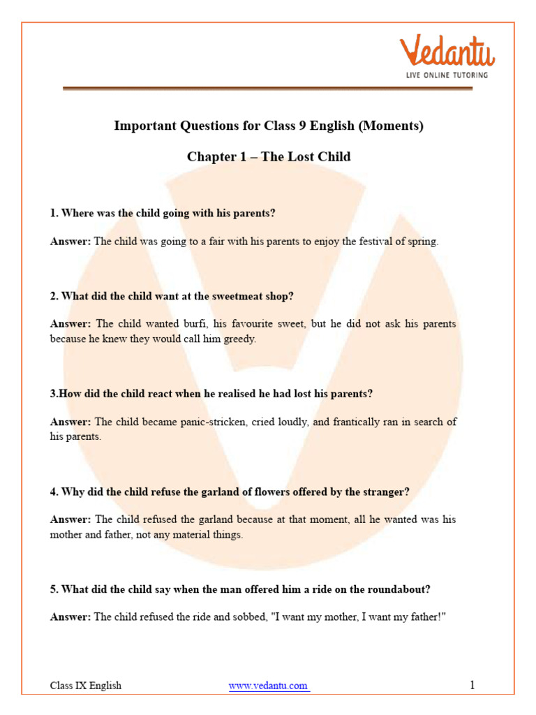 Important Questions For Class 9 English Chapter 1 The Lost Child PDF ...