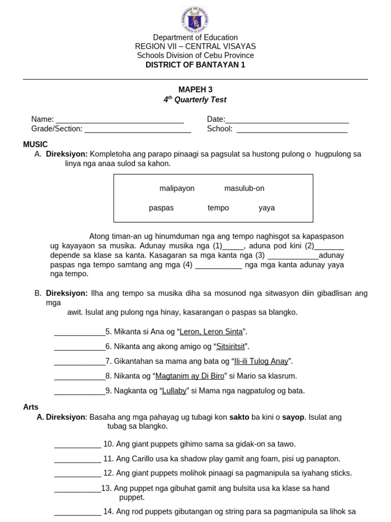 4TH Quarter Exam MAPEH EDITED | PDF