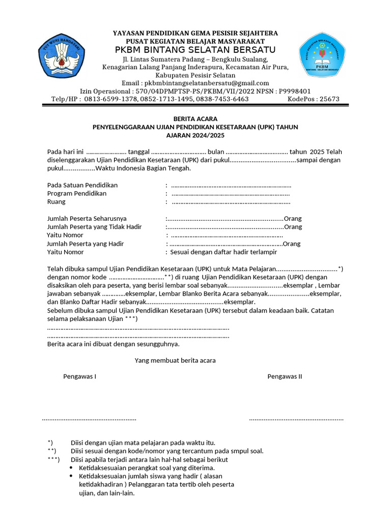 Contoh Berita Acara Pelaksanaan Upk 2025 Final | PDF