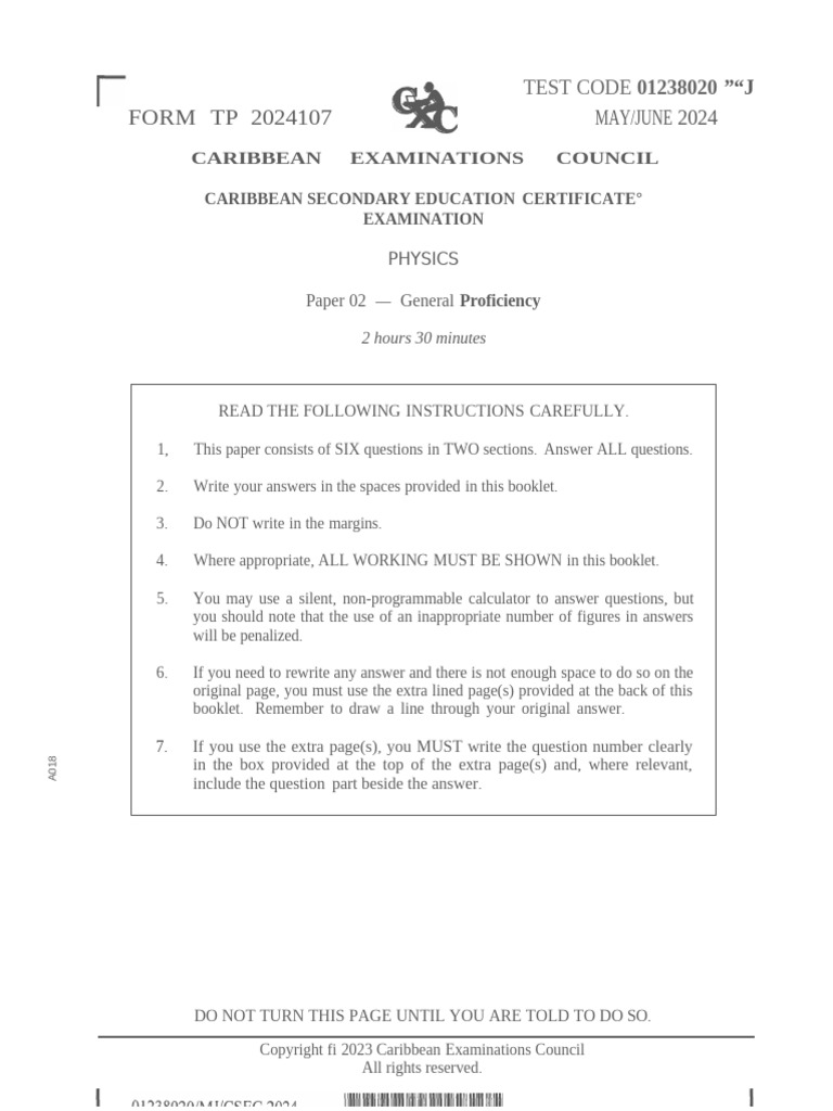 CSEC Physics P2 2024 MJ | PDF | Heat Transfer | Physical Quantities
