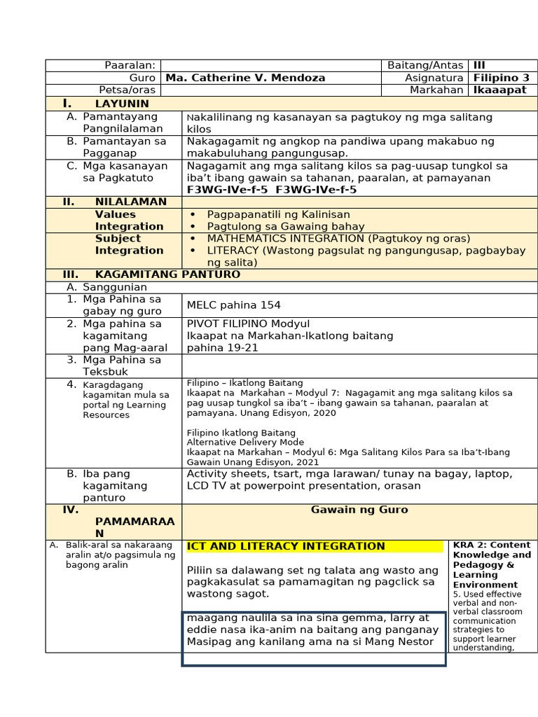 Salitang Nagsasaad NG Kilos Cot | PDF