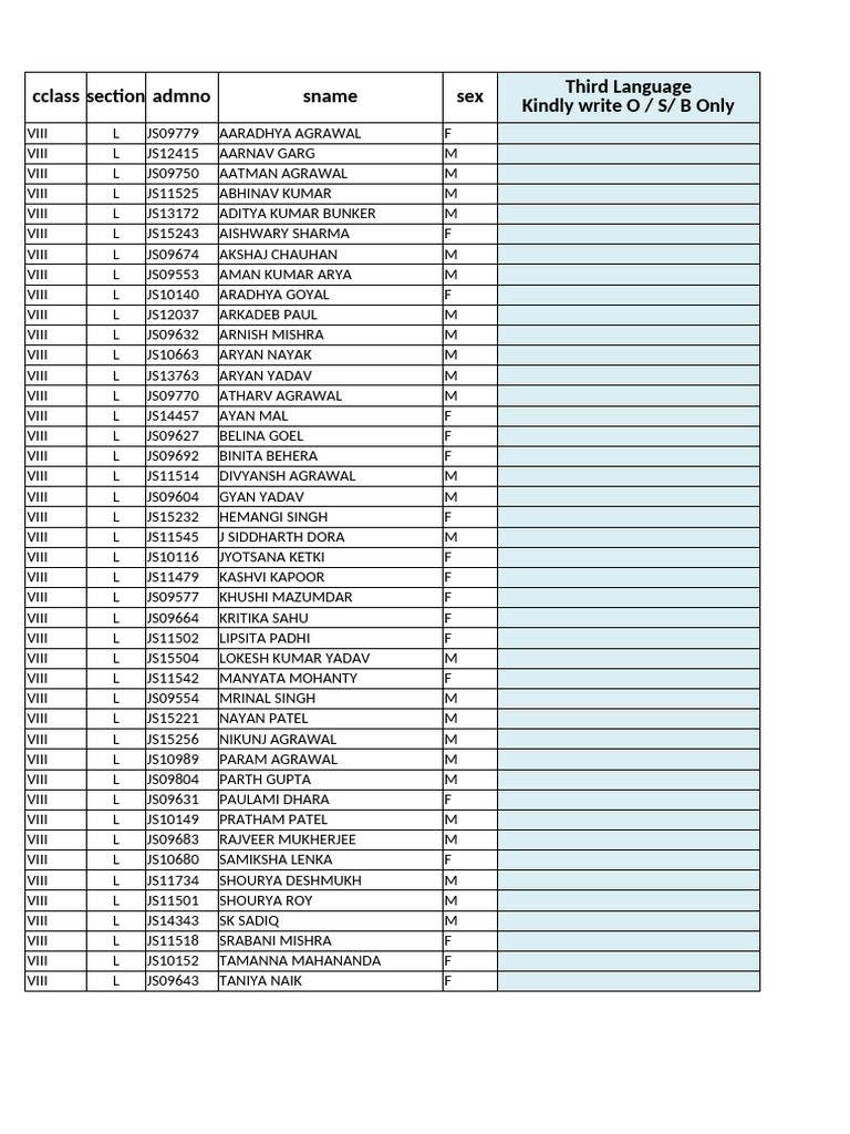 Cclass Section Admno Sname Sex Third Language Kindly Write O / S/ B Only | PDF