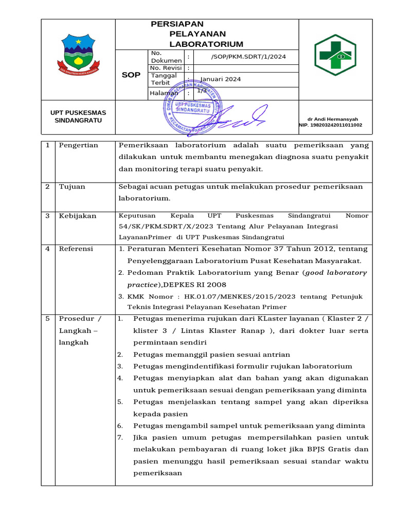 SOP PELAYANAN LABORATORIUM Edit | PDF