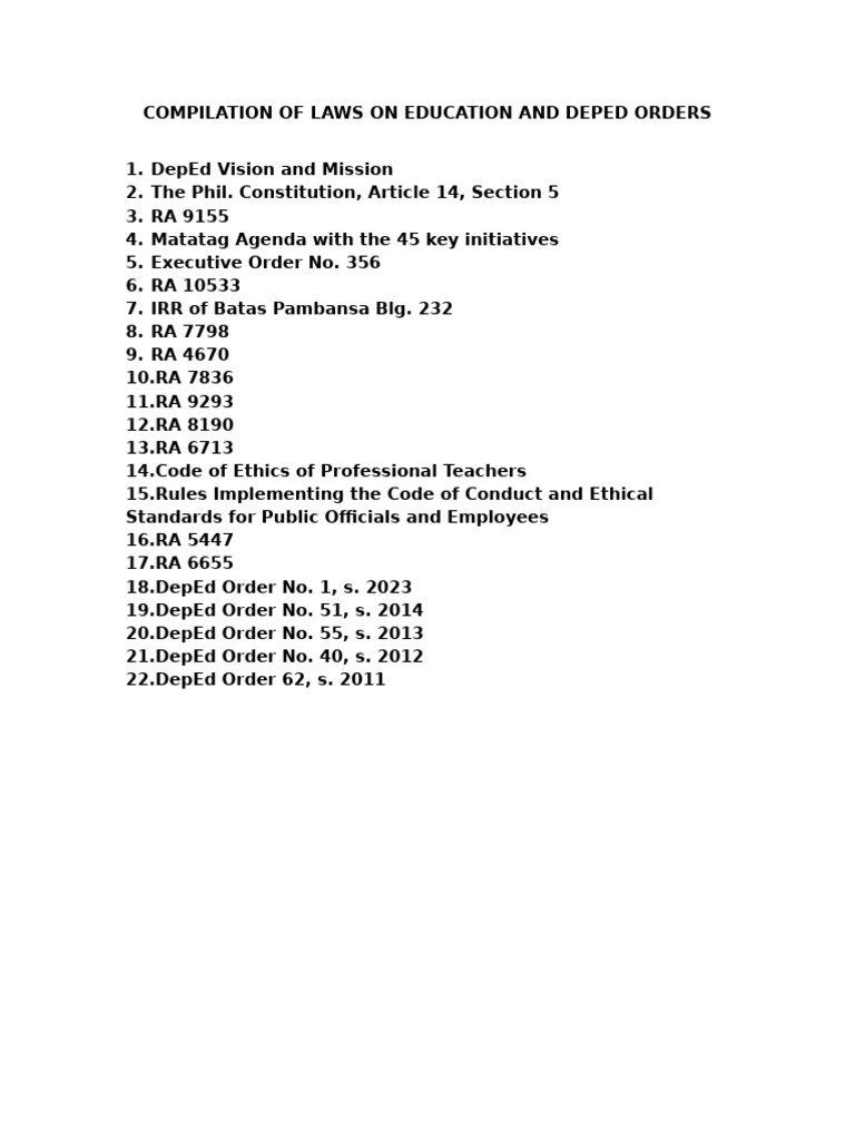 Compilation of Laws On Education and Deped Orders | PDF
