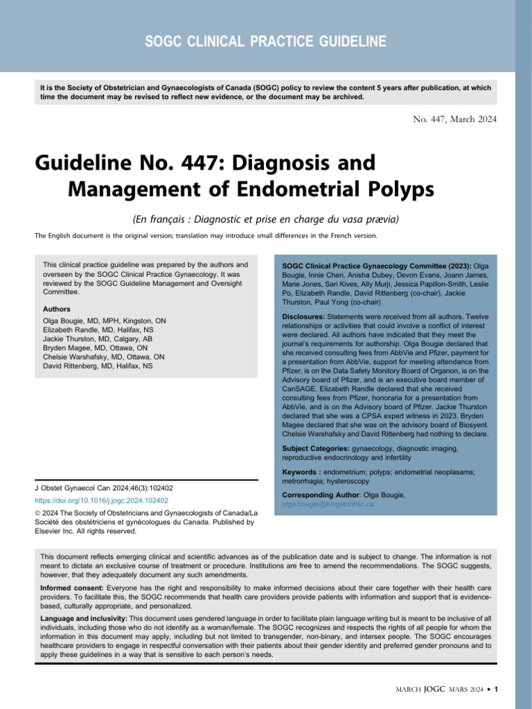 2024 Sogc临床实践指南：子宫内膜息肉的诊断和管理（No.447） | PDF | Menopause | Medicine