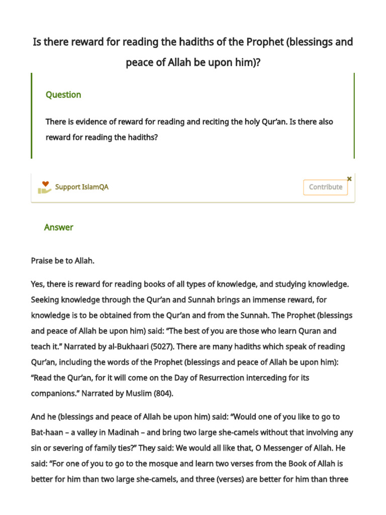 Is there reward for reading the hadiths of the Prophet (blessings and peace of Allah be upon him ...