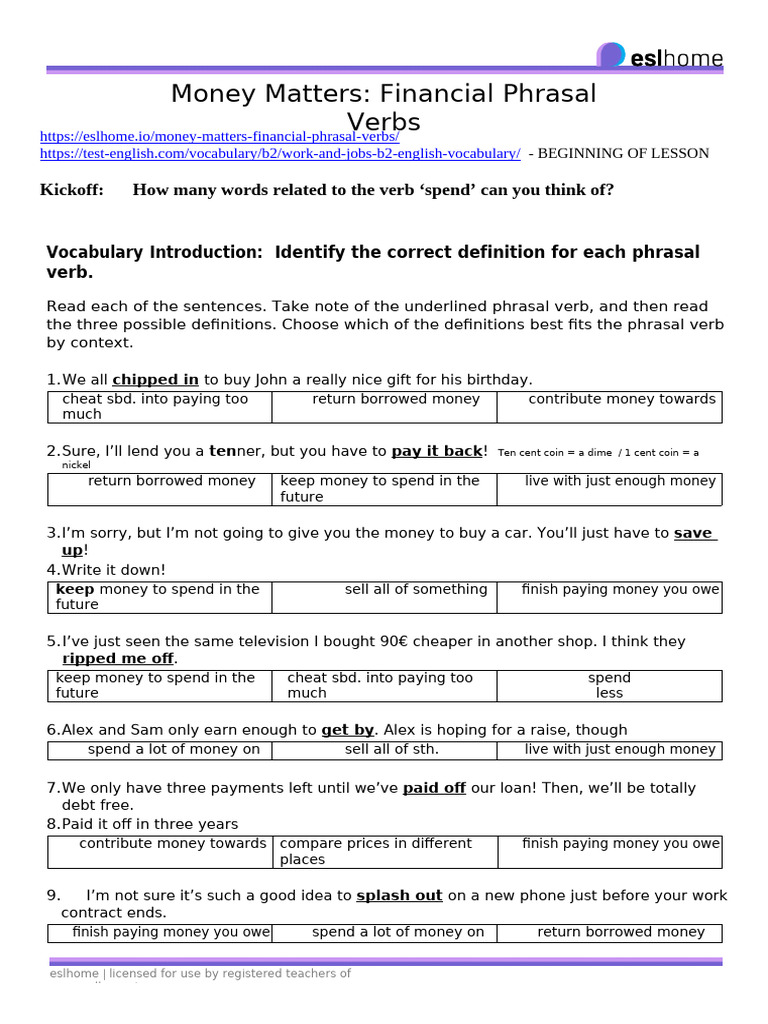 Financial-Phrasal-Verbs WITH LIN Prep-Worksheet | PDF | Money | Wealth