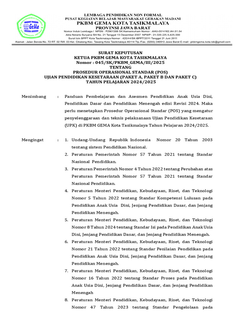 Adm Upk Pendidikan Kesetaraan PKBM Gema 2025 Final | PDF