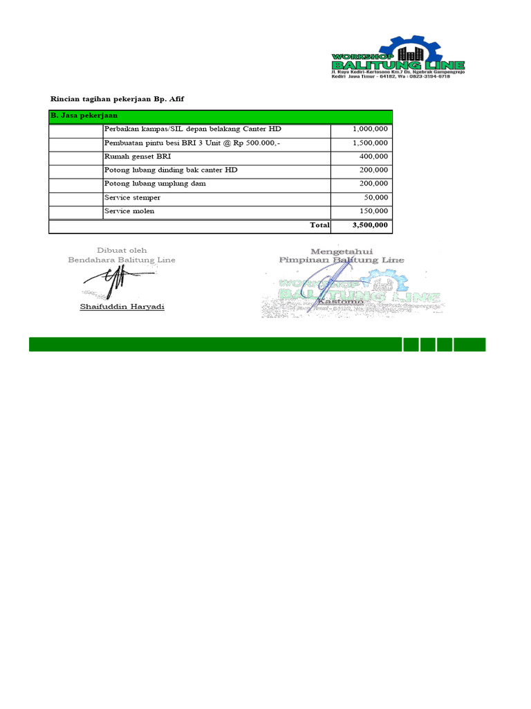Nota tagihan pekerjaan pak afif untuk pintu BRI | PDF
