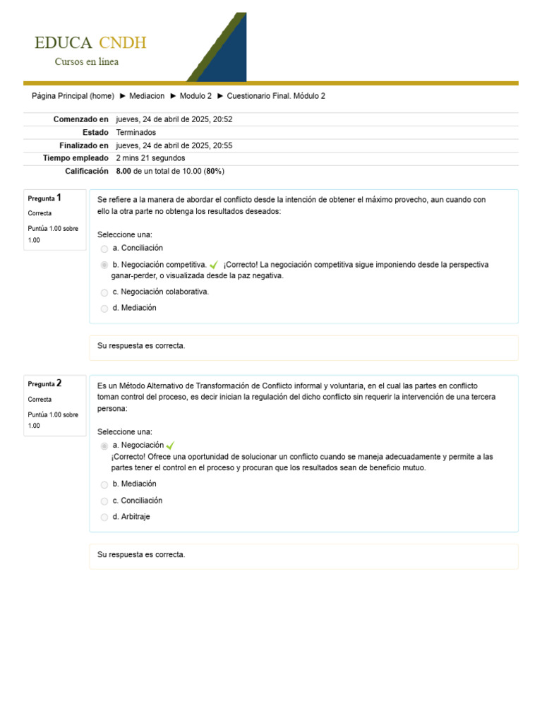 Cuestionario Final: Mediación y Conflictos | PDF | Conflicto (proceso ...
